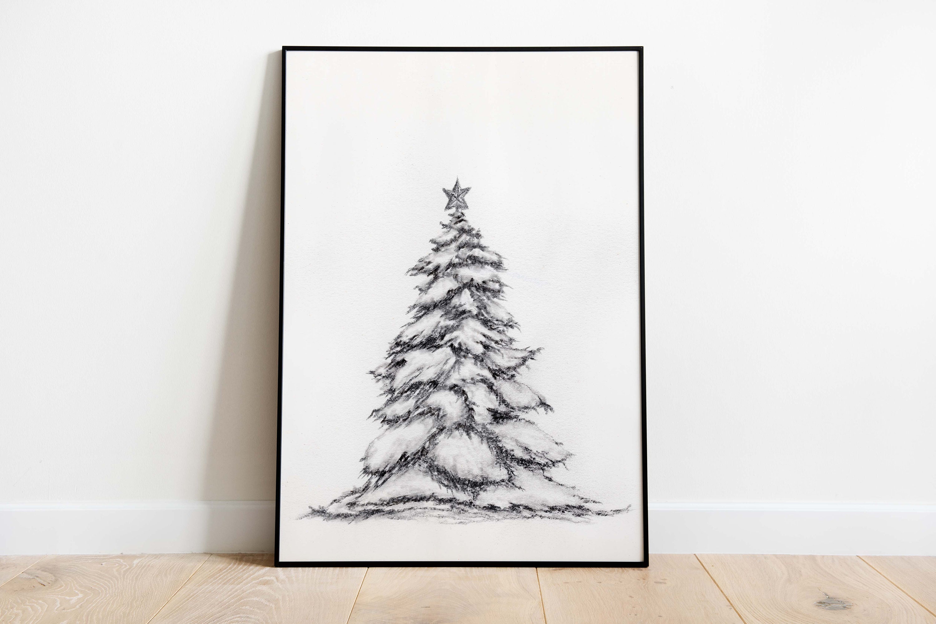 Pine Tree Sketch, Snowy Tree Print, Christmas Wall Decor Minimalist ...