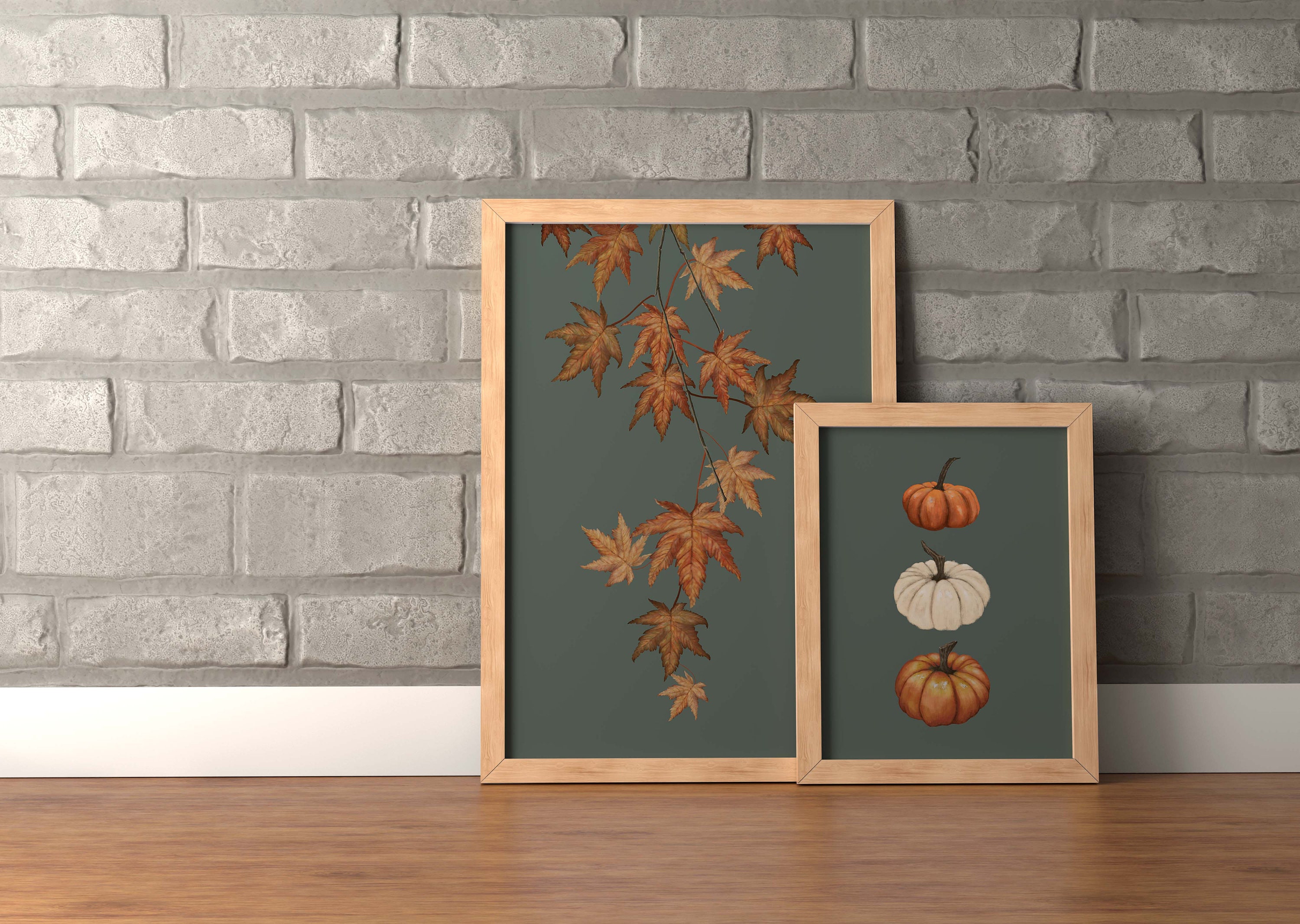 Fall Wall Art Set of 2 Printable, Dry Leafy Branch and Pumkins Print ...