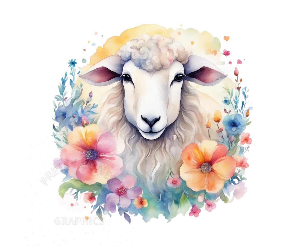 Watercolor Floral Sheep Clipart, PNG Instant Download File, Digital ...