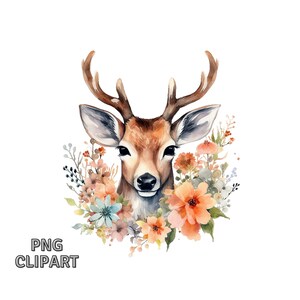 Watercolor Floral Deer Clipart, PNG Instant Download File, Card Making ...