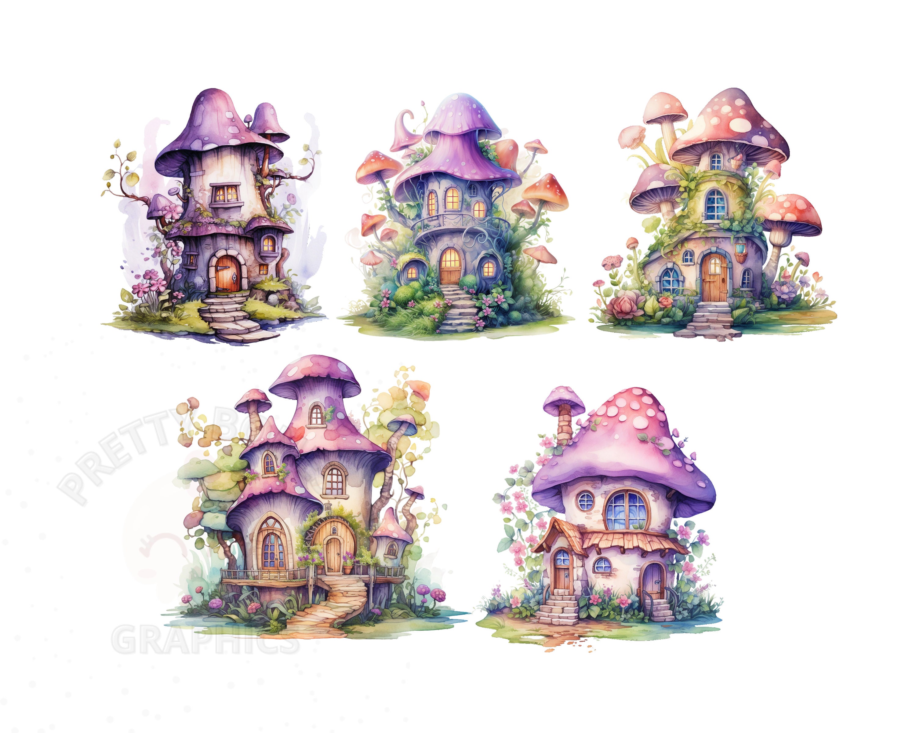 Watercolor Fairy Houses Clipart Bundle, PNG Instant Download Files ...