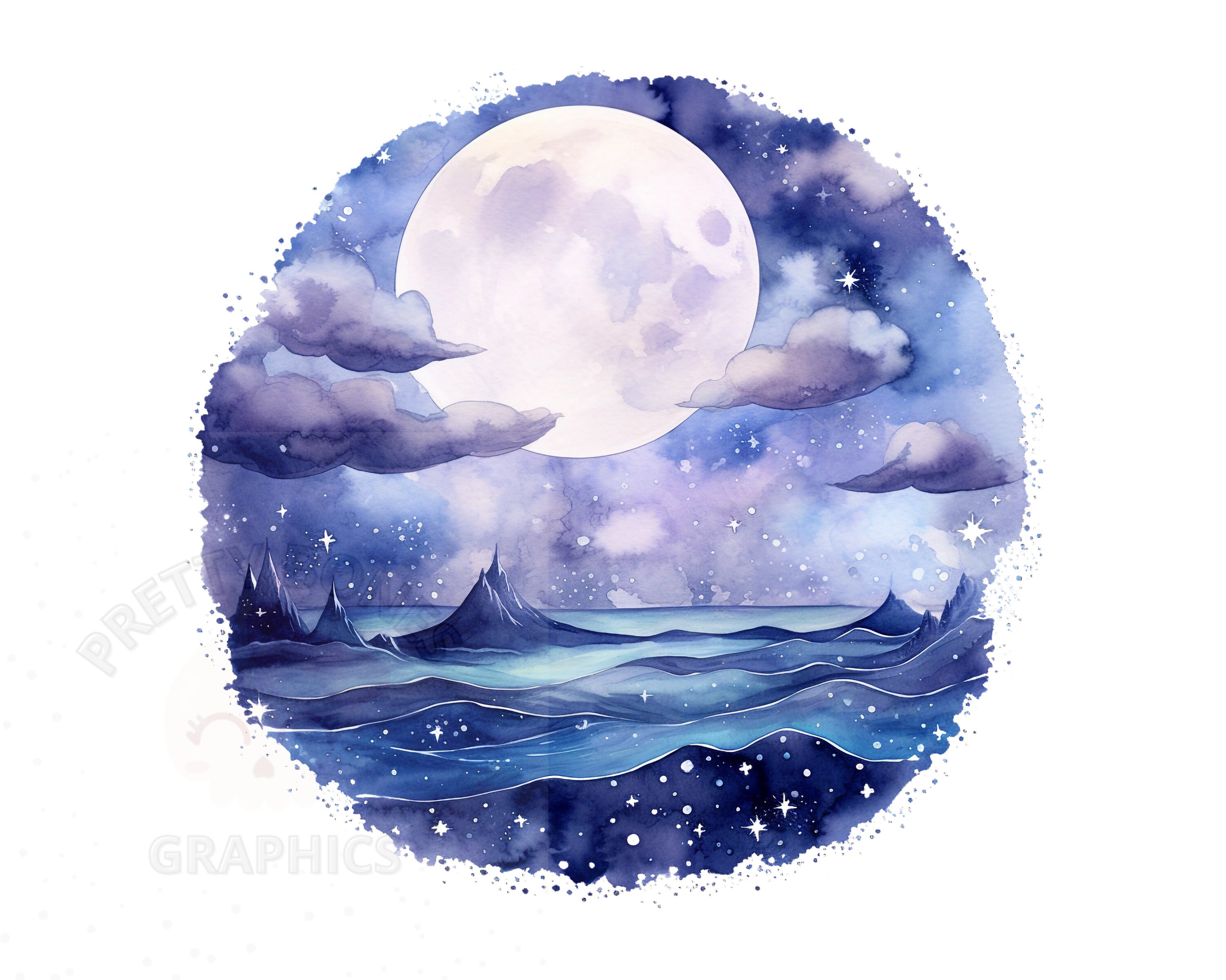Watercolour Full Moon Clipart, PNG Instant Download File, Moon Digital ...