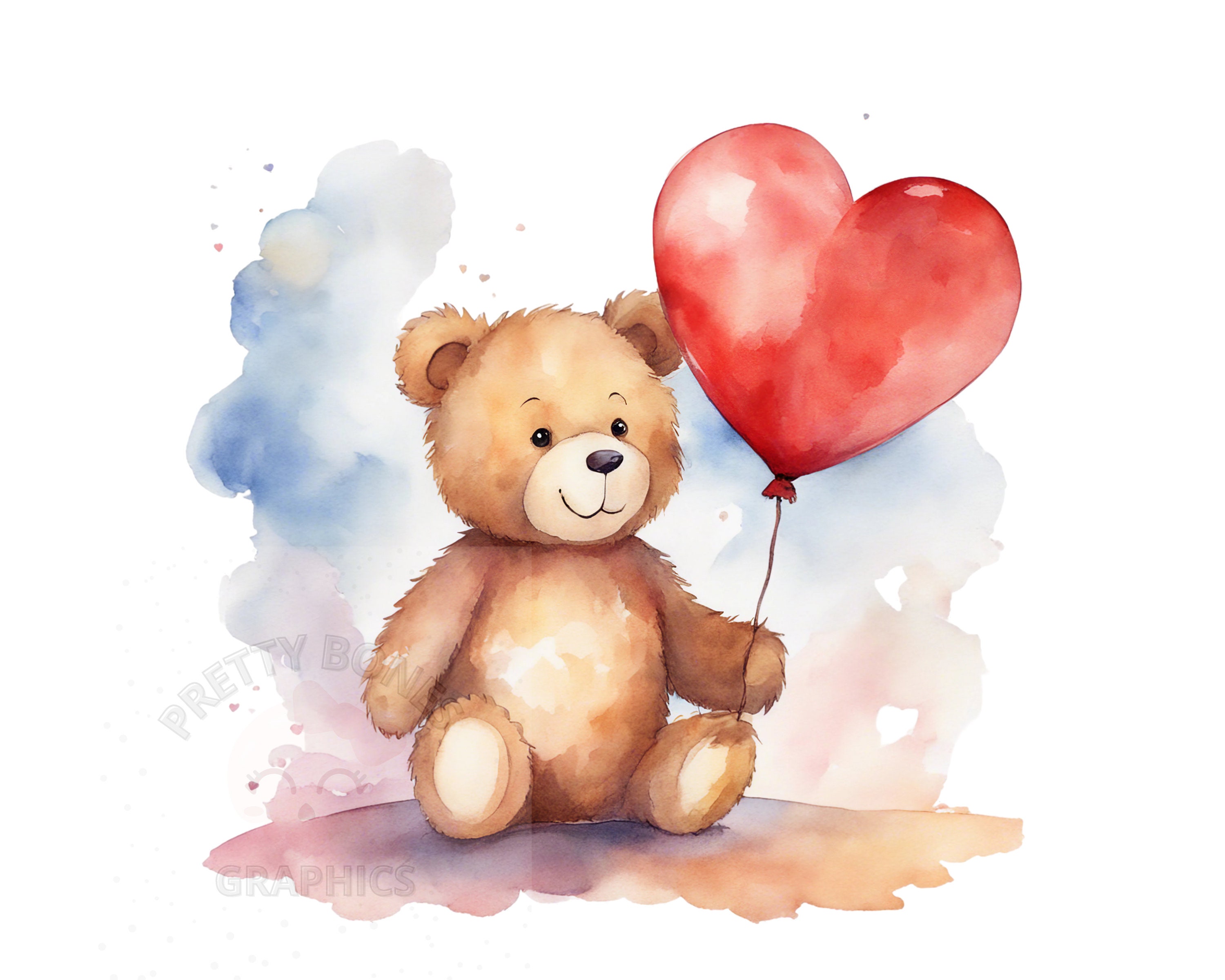 Teddy Bear With Heart Shaped Balloon Clipart, PNG Instant Download File ...