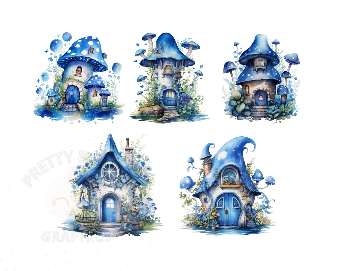 Watercolor Blue Fairy Houses Clipart Bundle, PNG Instant Download Files ...