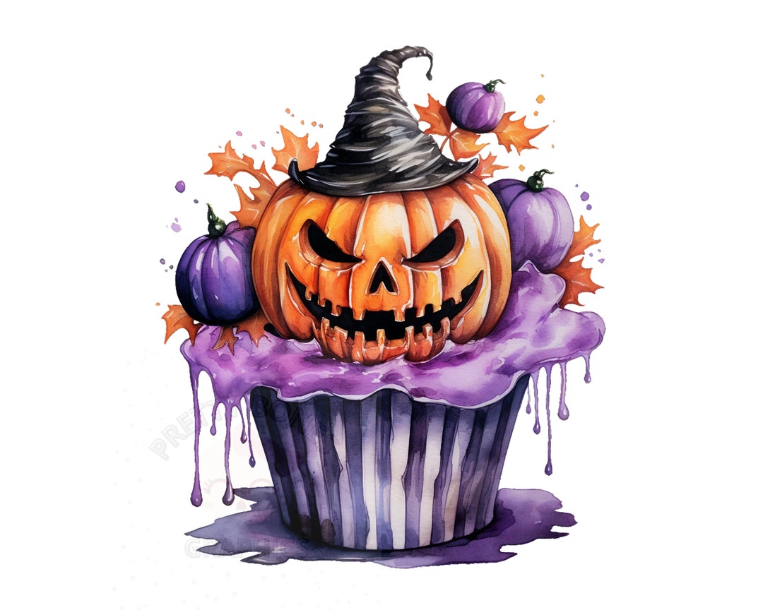 Watercolor Halloween Cupcake, PNG Instant Download, Halloween Clipart ...