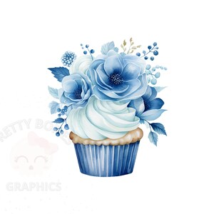 Watercolor Floral Blue Cupcake, PNG Digital Download File, Cupcake ...