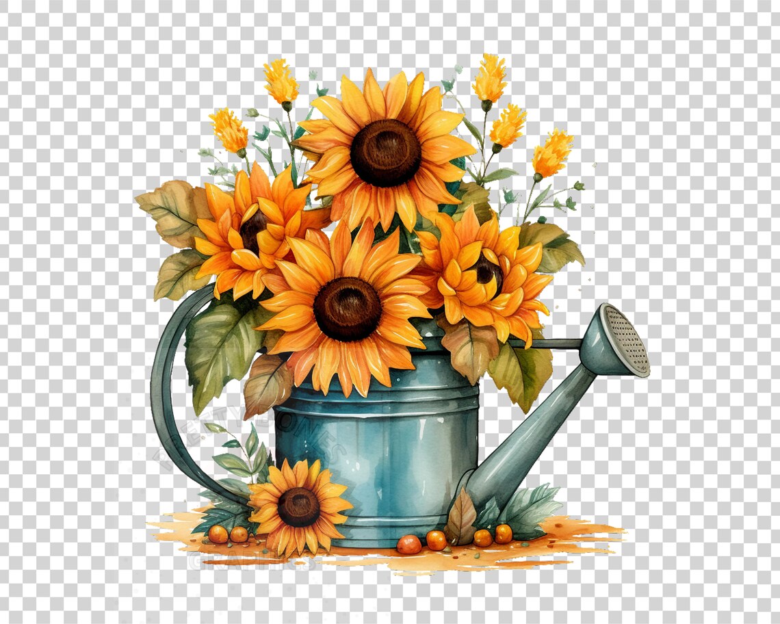 Watering Can and Sunflowers Clipart, PNG Instant Download File, Digital ...