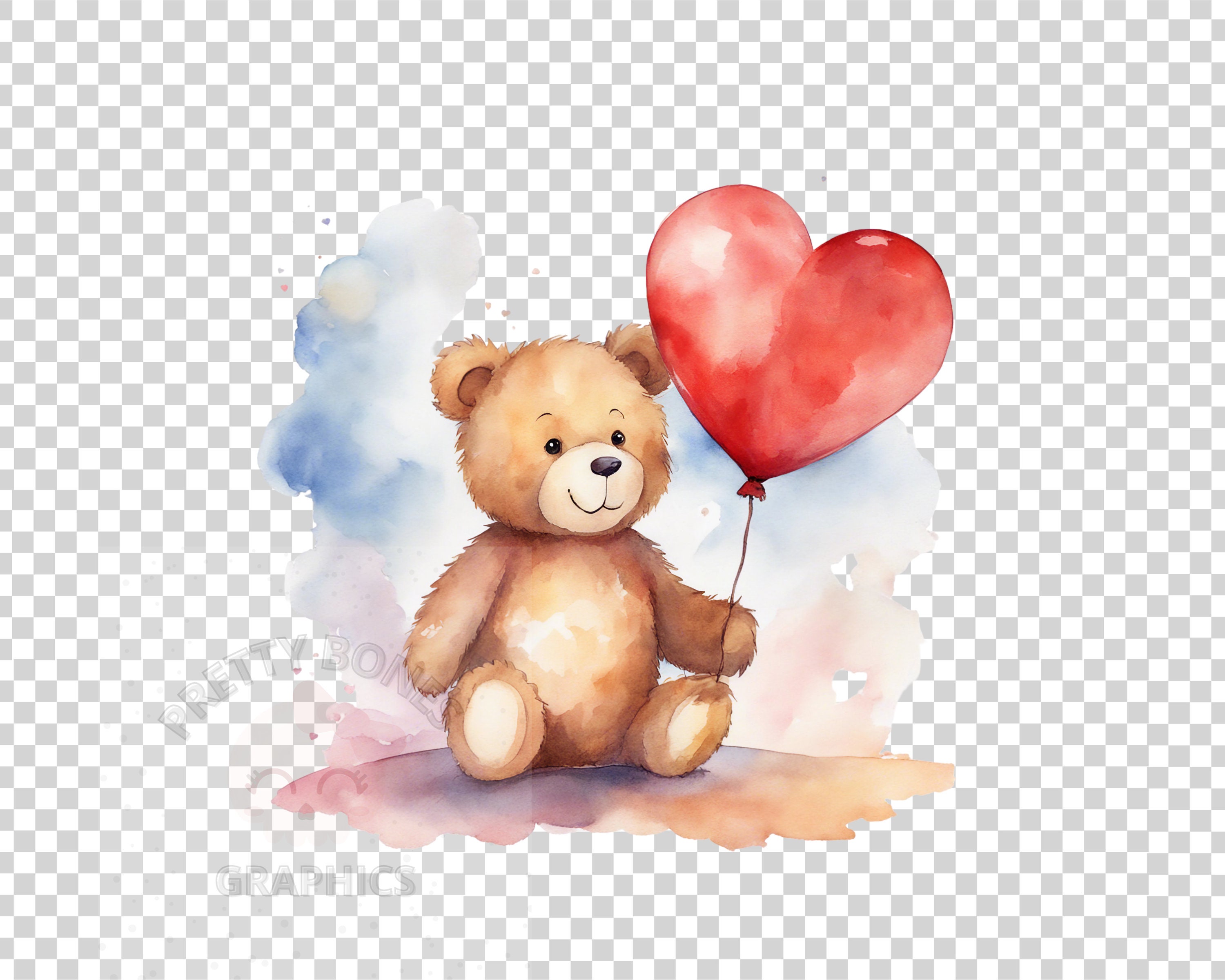 Teddy Bear With Heart Shaped Balloon Clipart, PNG Instant Download File ...