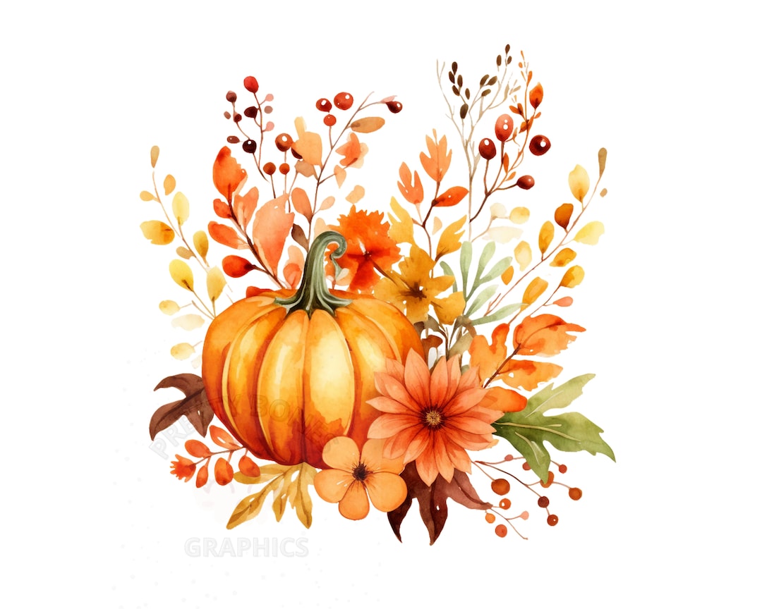 Watercolor Fall Clipart No2, PNG Instant Download File, Floral Pumpkin ...