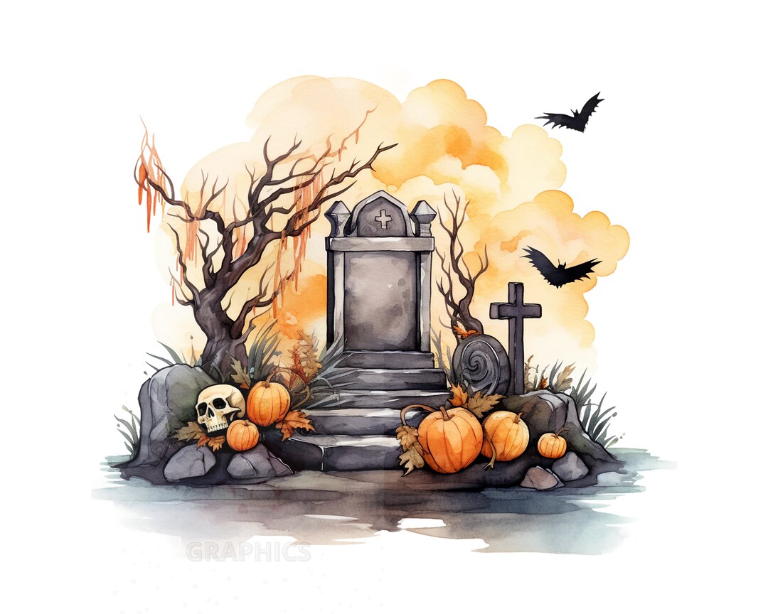 Watercolor Halloween Tombstone Clipart, PNG Instant Download File ...