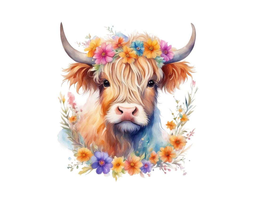 Floral Baby Highland Cow Portrait Clipart, PNG Instant Download File ...