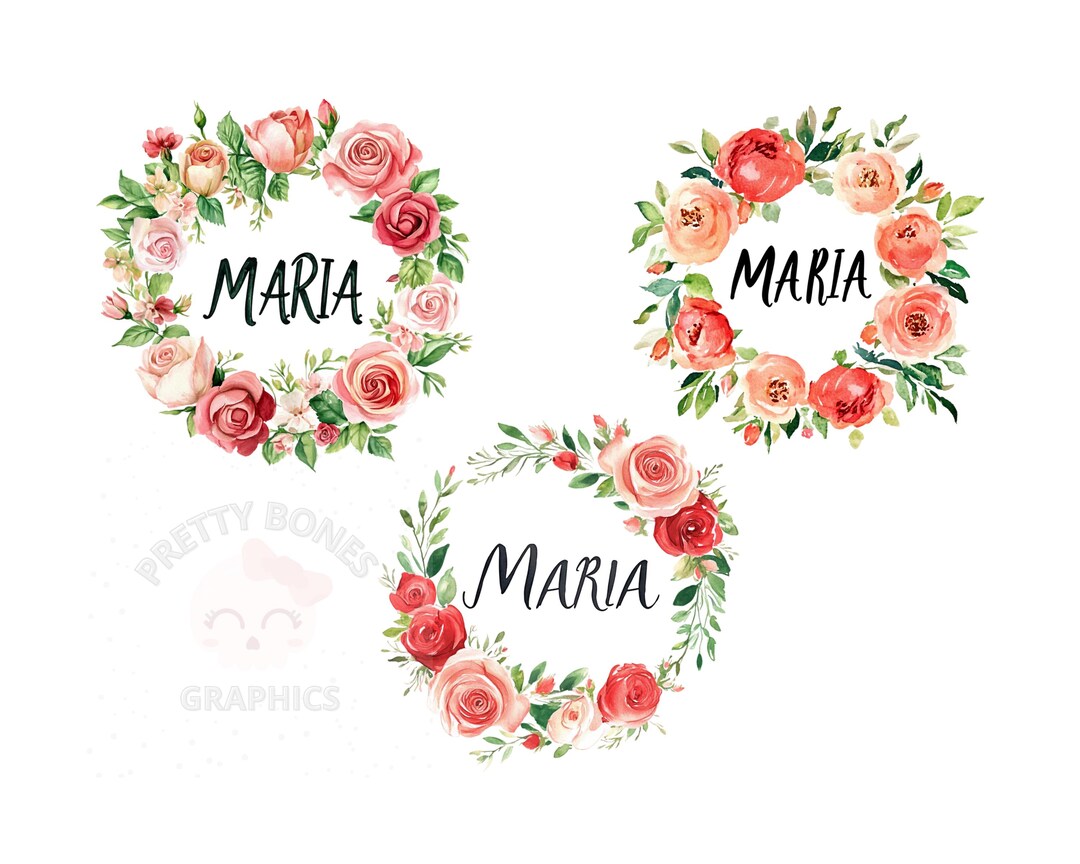 Maria Name Floral Wreath Clipart Bundle, 3 PNG Instant Download Files ...
