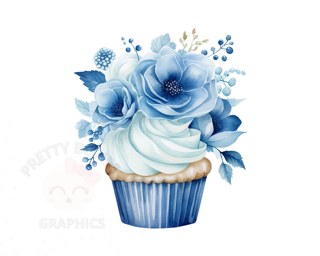 Watercolor Floral Blue Cupcake, PNG Digital Download File, Cupcake ...