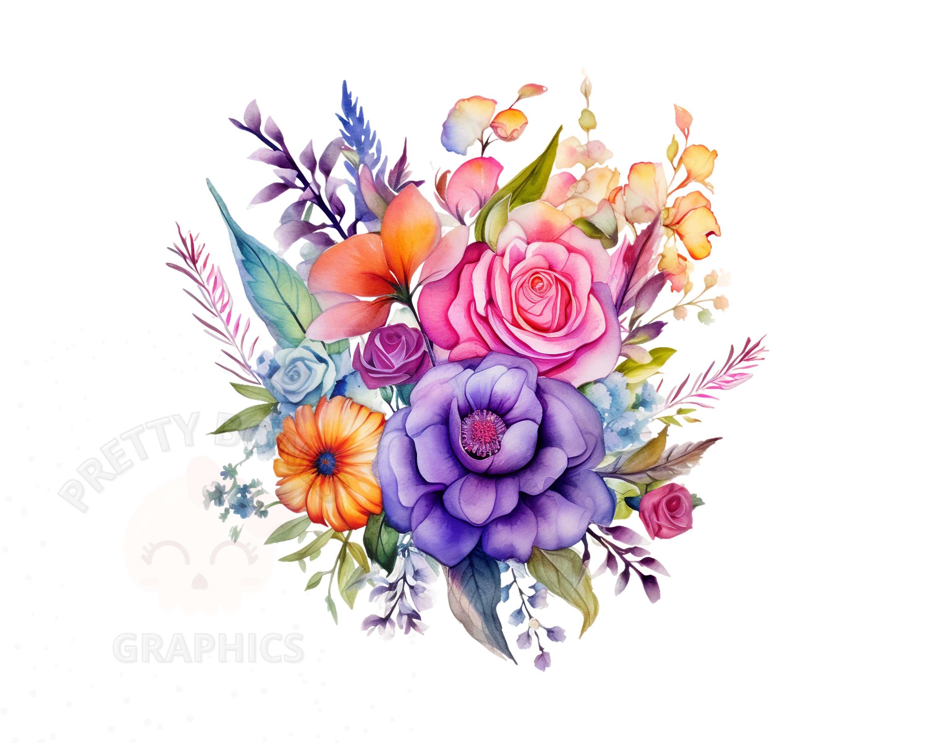 Watercolor Floral Bouquet Clipart, PNG Instant Download File, Vibrant ...