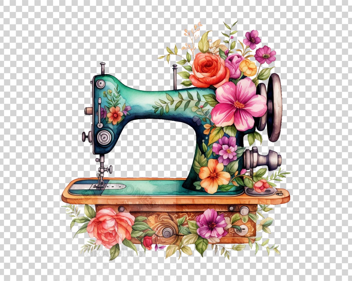 Floral Sewing Machine Clipart, PNG Instant Download File, Digital Paper ...