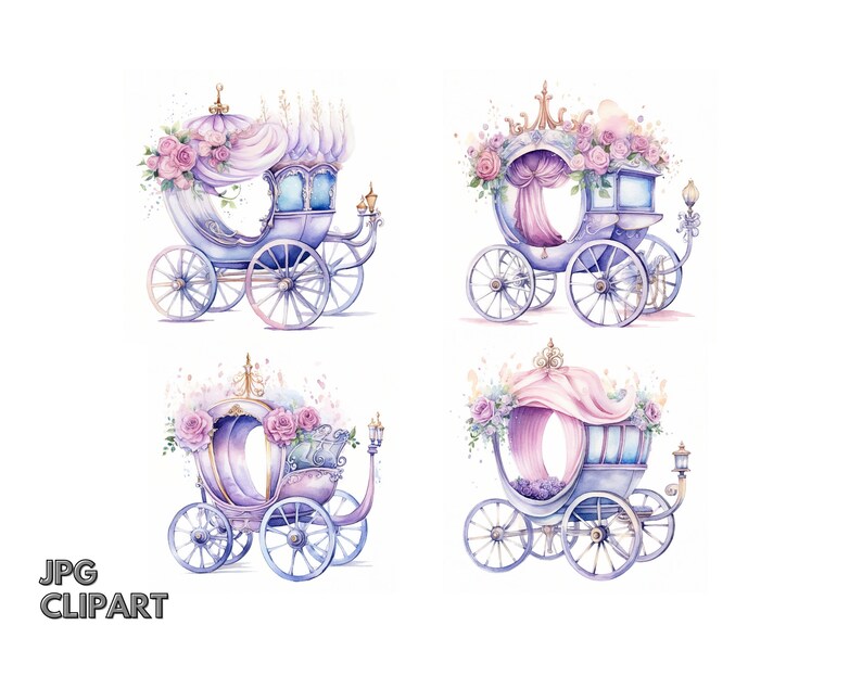 Watercolor Fairy Carriage Clipart Bundle 4 JPG Instant - Etsy