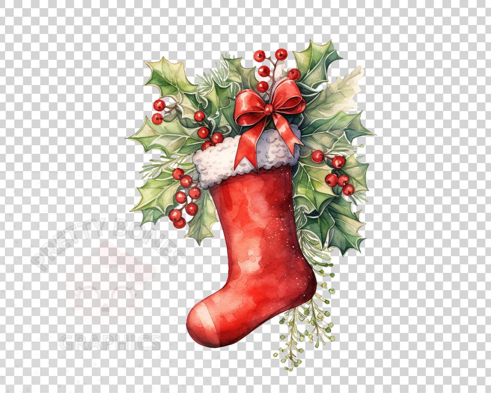 Christmas Stocking Clipart, PNG Instant Download File, Watercolour ...
