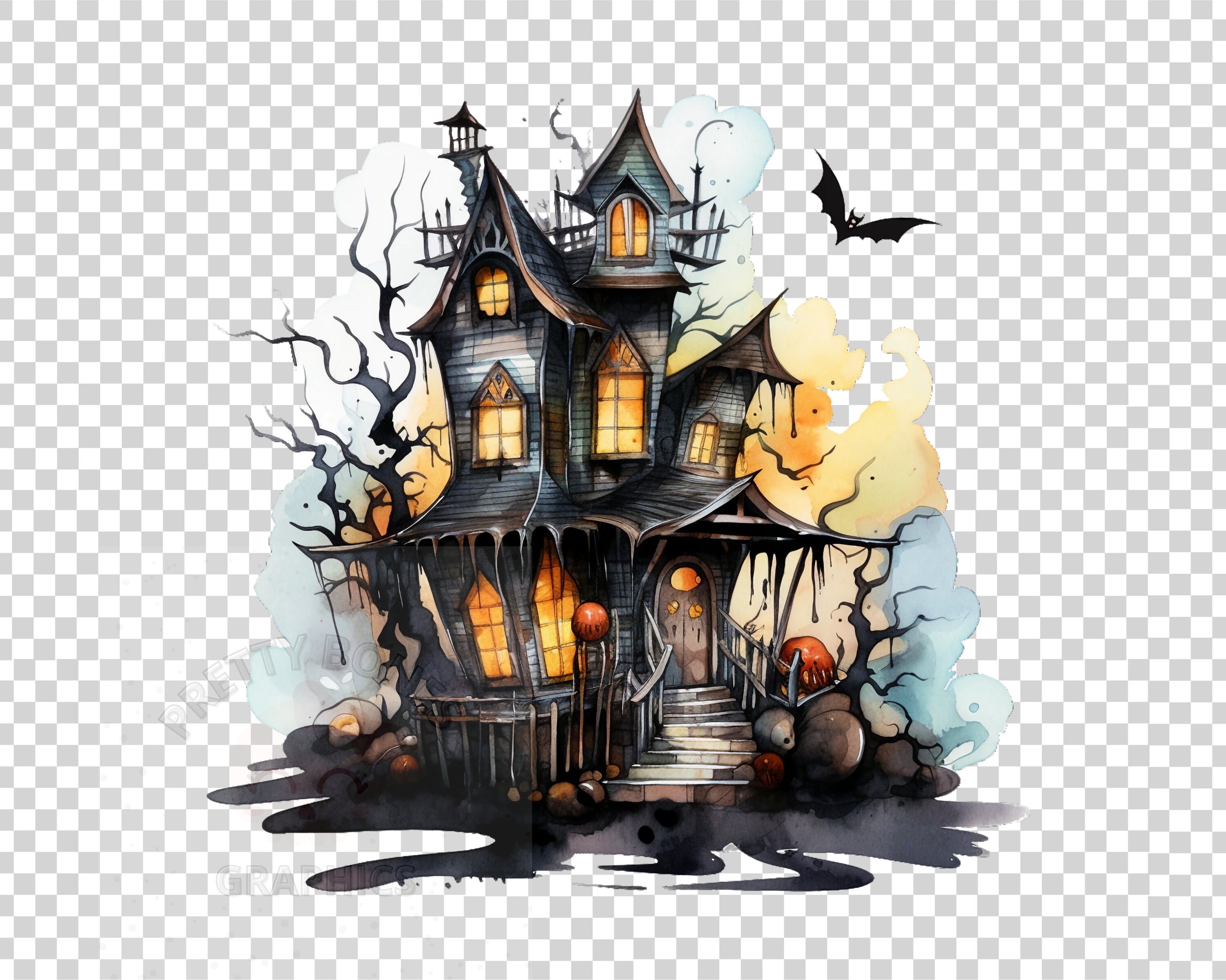 Halloween Scary Haunted House Clipart PNG Instant Download - Etsy