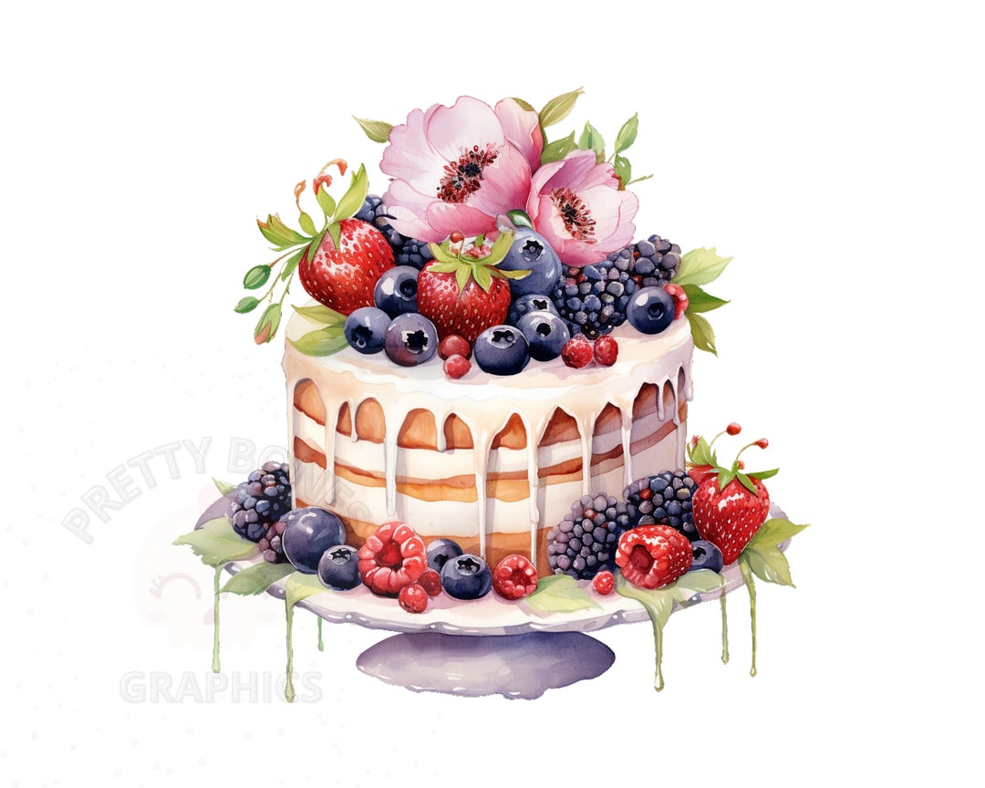 Watercolor Berry Cake Clipart, PNG Instant Download File, Berry Cake ...