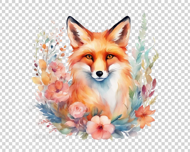 Floral Fox Clipart PNG Instant Download File Watercolor - Etsy