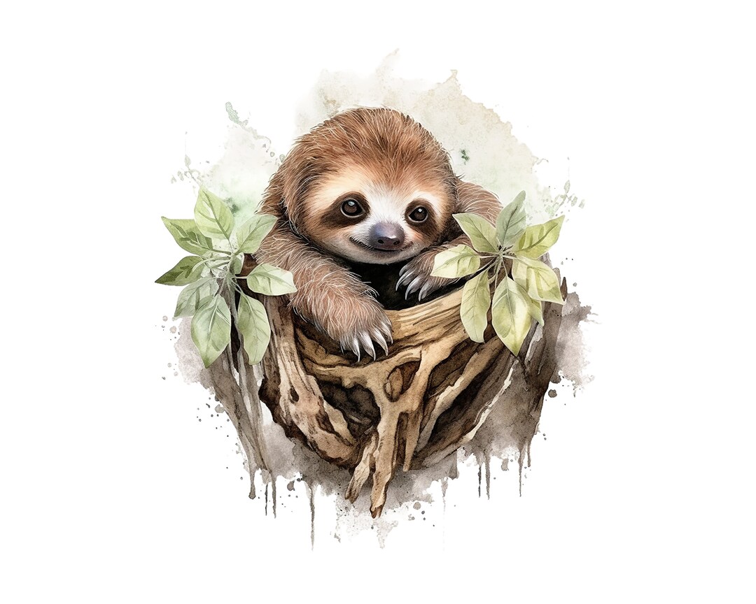 Watercolor Baby Sloth Clipart, PNG Instant Download, Sloth Digital ...