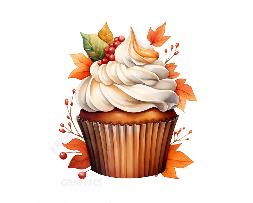 Watercolor Fall Cupcake Clipart, PNG Instant Download File, Digital ...