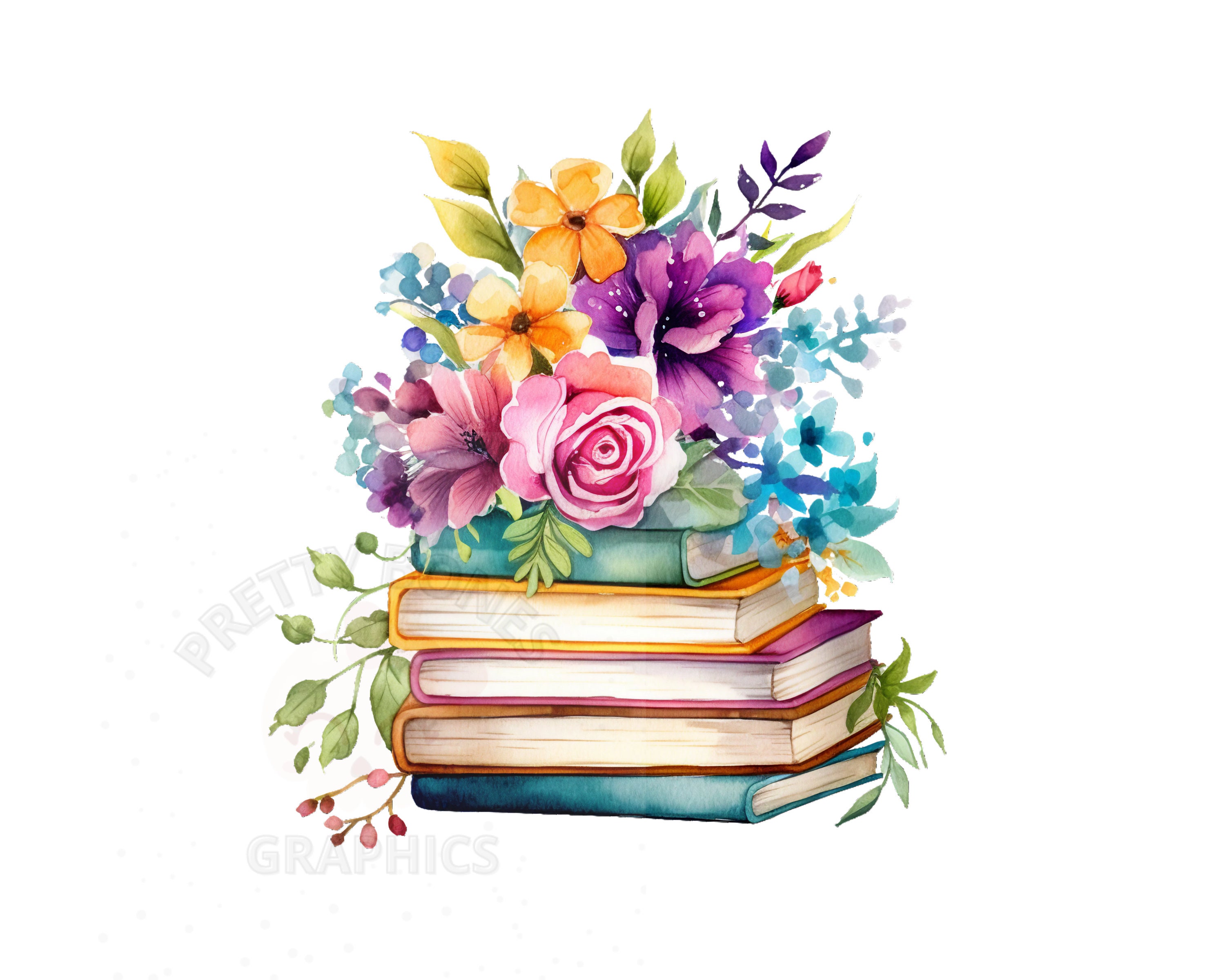 Floral Book Stack Clipart, PNG Digital Download File, Watercolor Floral ...