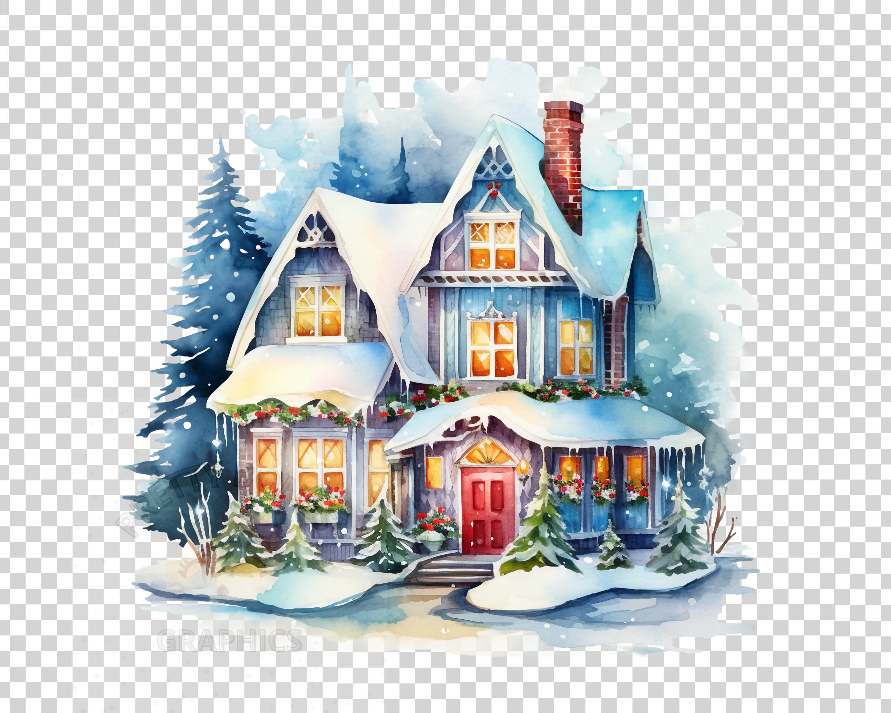 Watercolor Christmas House Clipart PNG Instant Download File - Etsy