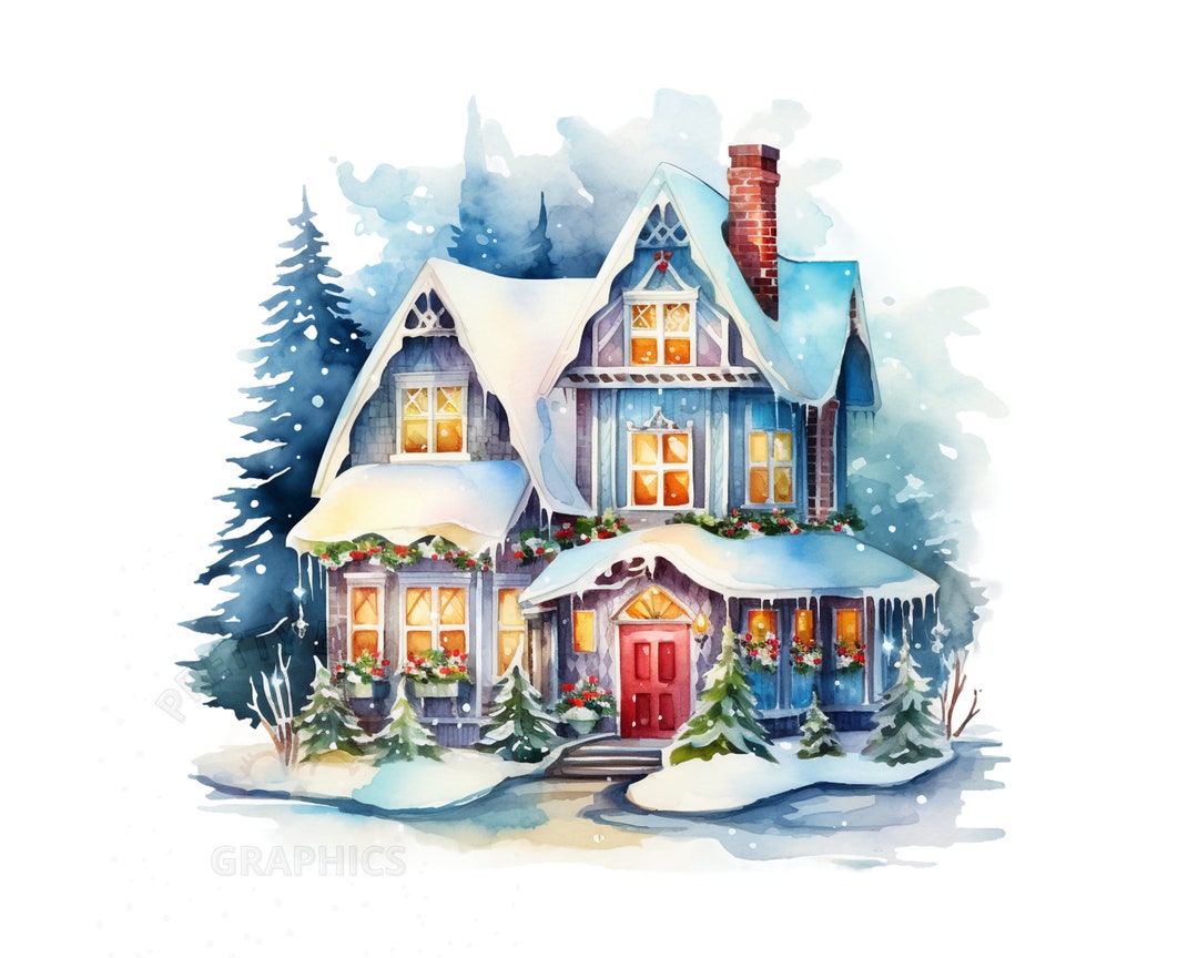 Watercolor Christmas House Clipart, PNG Instant Download File, Card ...