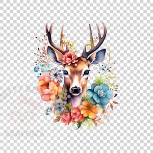 Watercolor Deer and Flowers Clipart, PNG Instant Download File, Deer ...