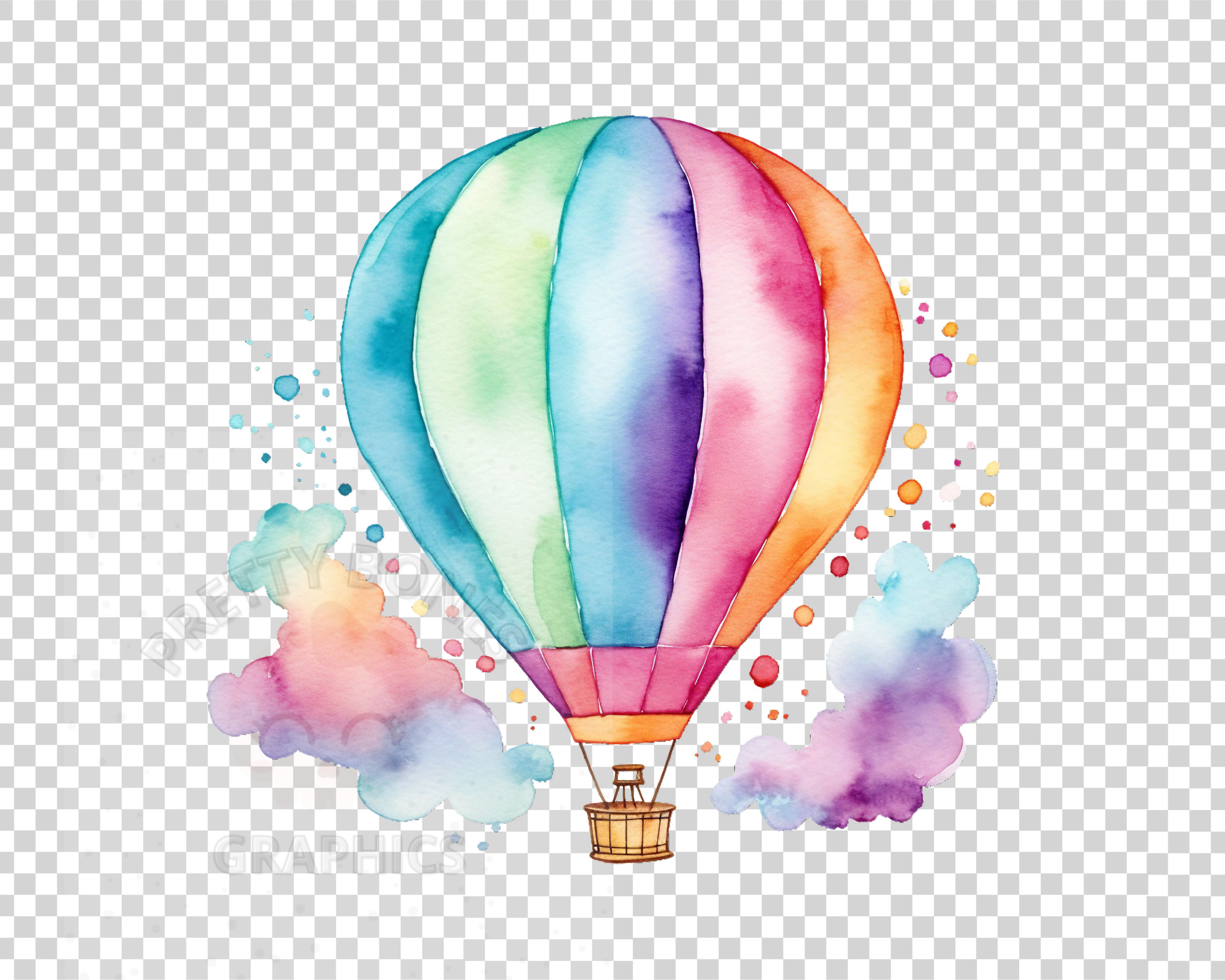 Watercolor Hot Air Balloon, PNG Instant Download Clipart, Digital ...