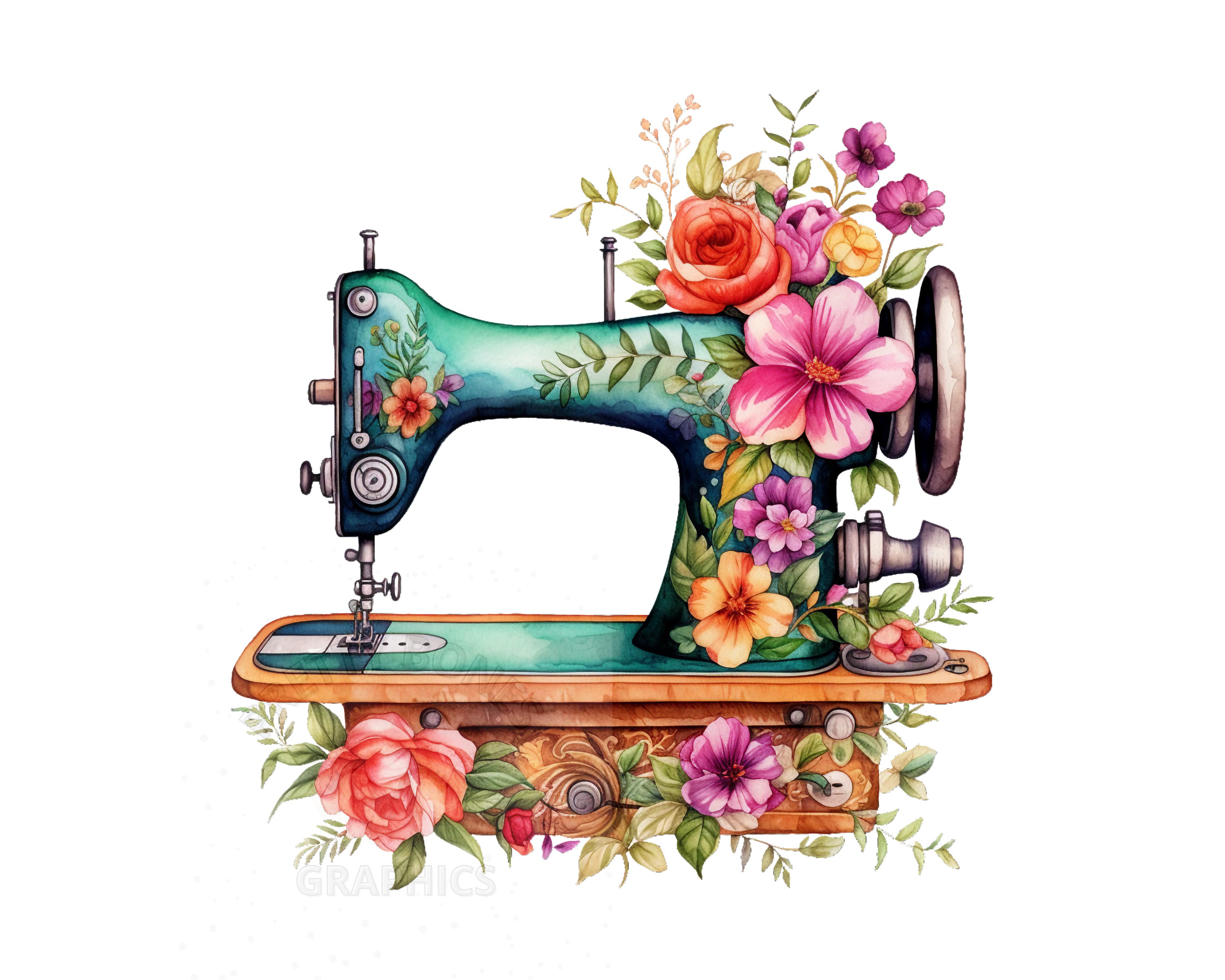 Floral Sewing Machine Clipart, PNG Instant Download File, Digital Paper ...