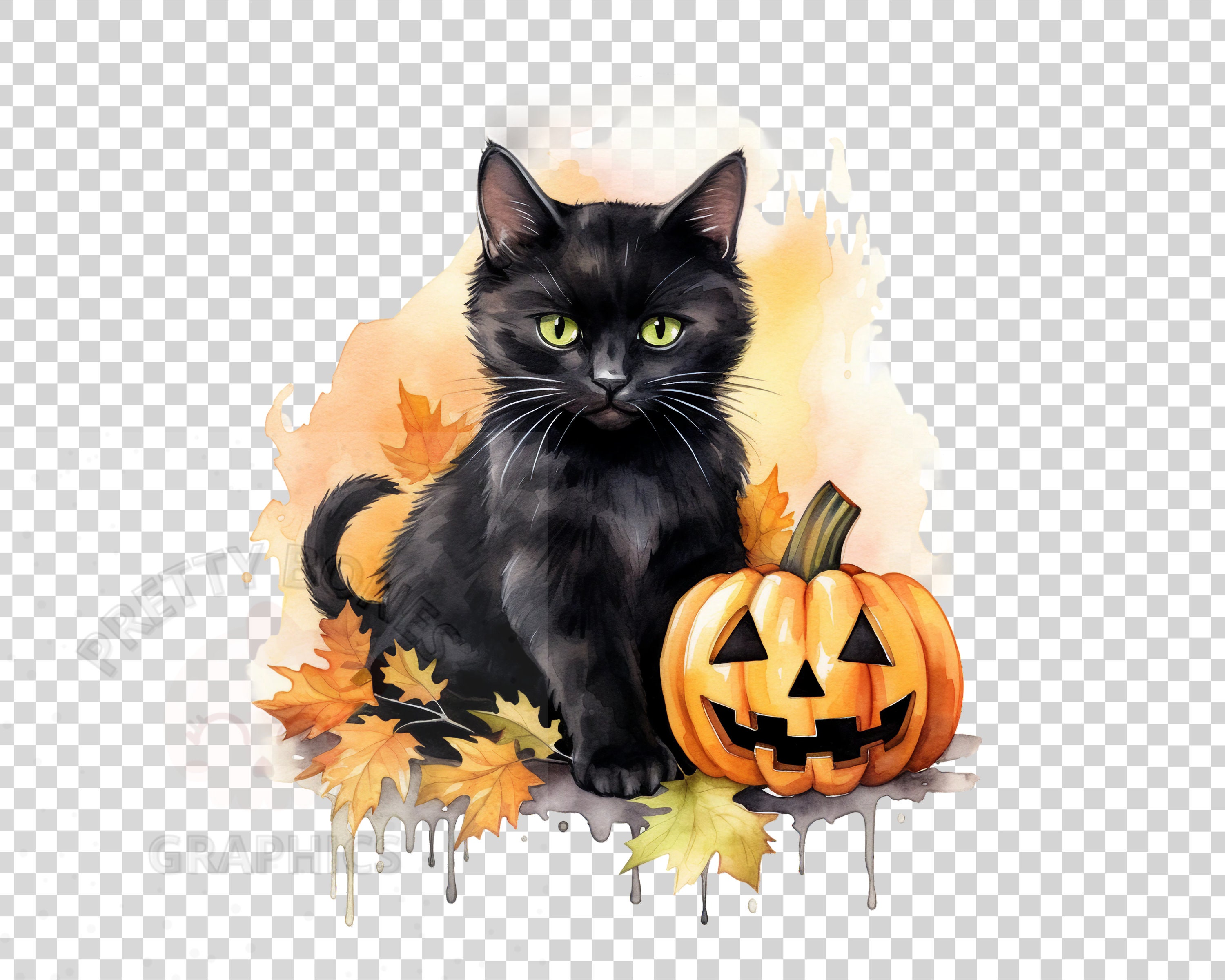 Watercolor Halloween Cat Clipart PNG Instant Download File - Etsy