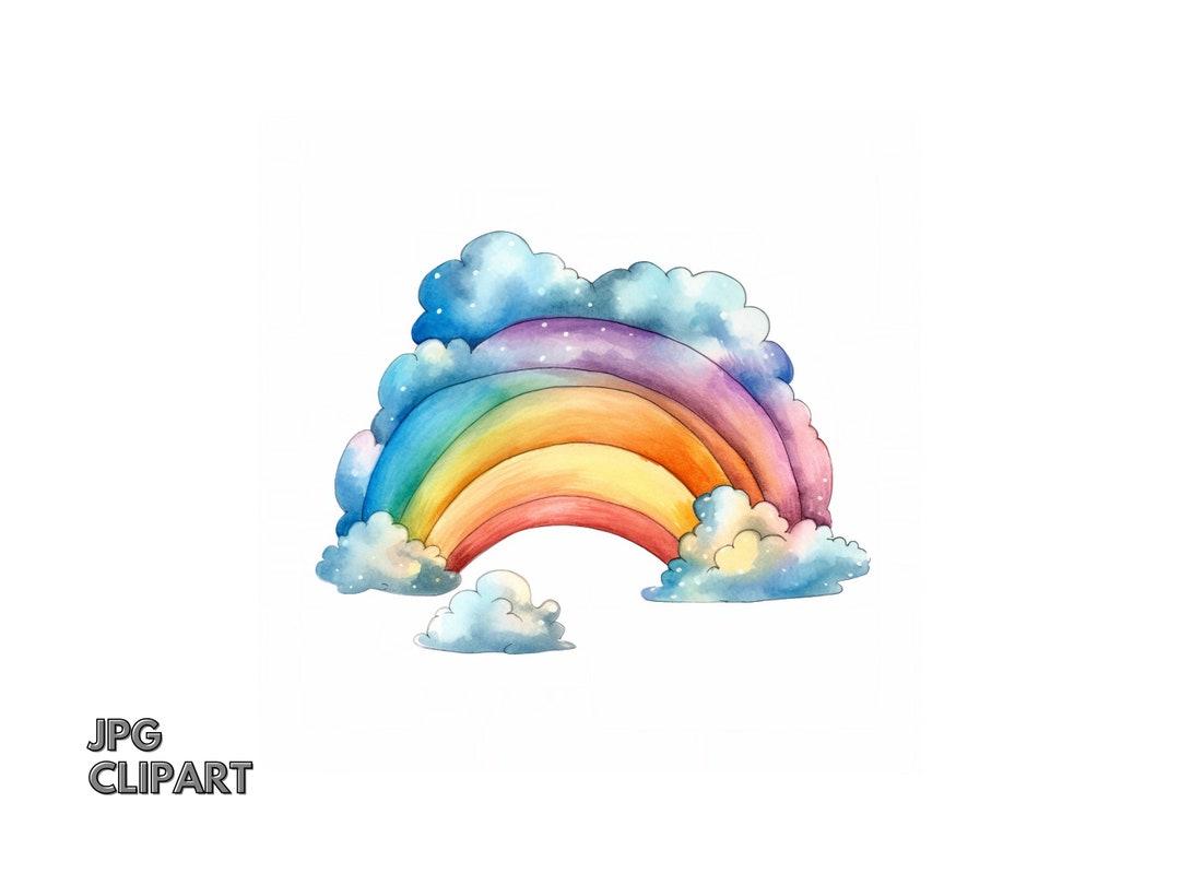 Watercolor Rainbow With Clouds Clipart, JPG Digital Download, Card ...