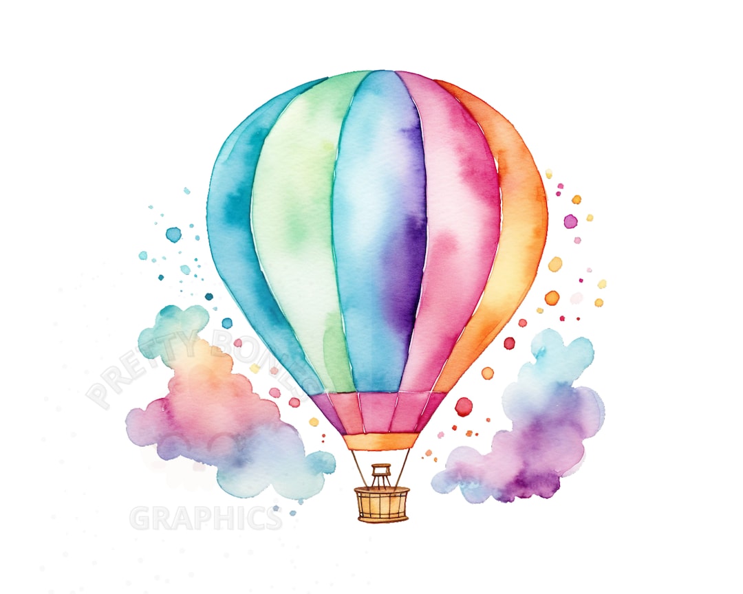 Watercolor Hot Air Balloon, PNG Instant Download Clipart, Digital ...