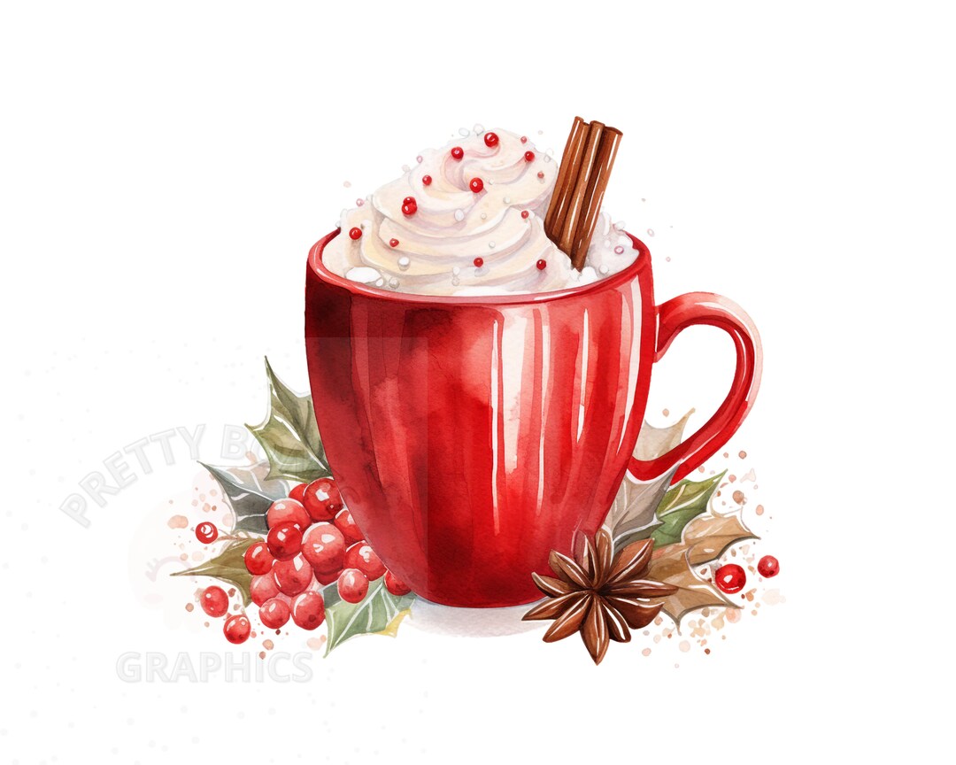 Christmas Hot Cocoa Mug Clipart, PNG Instant Download File, Watercolor ...