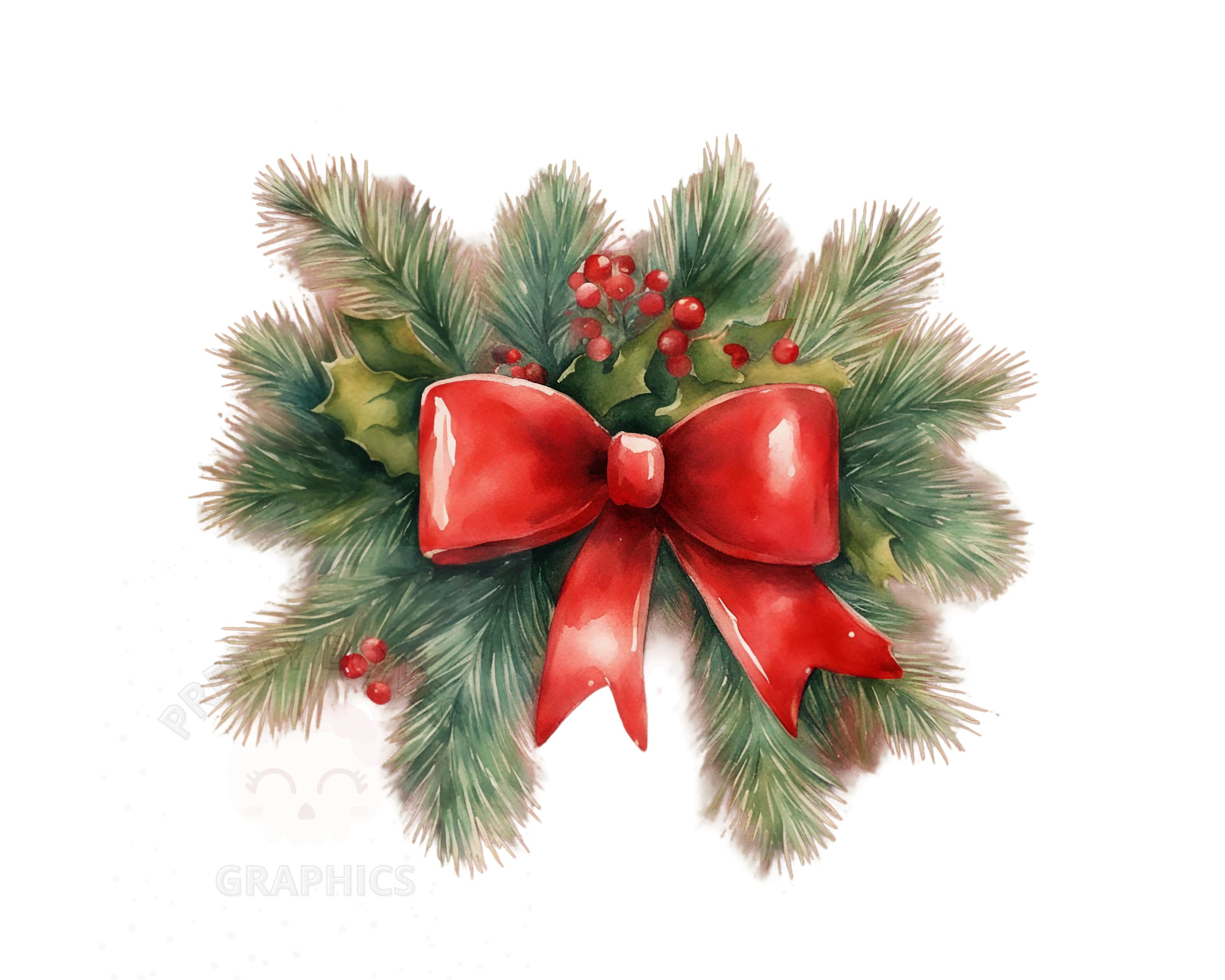 Christmas Bow and Holly Clipart, PNG Instant Download File, Digital ...