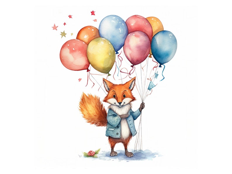 Watercolor Fox With Balloons Clipart JPG Digital Download - Etsy