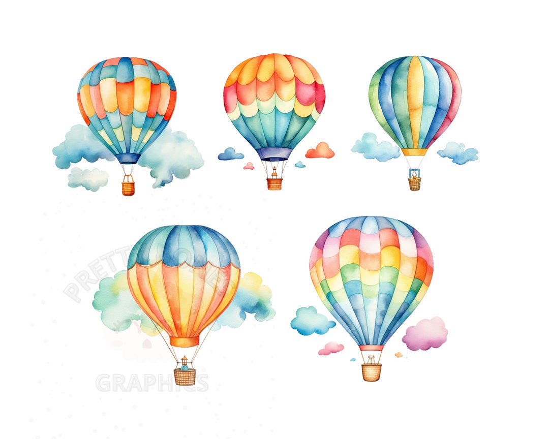 Hot Air Balloon Clipart Bundle, 5 PNG Instant Download Files, Digital ...