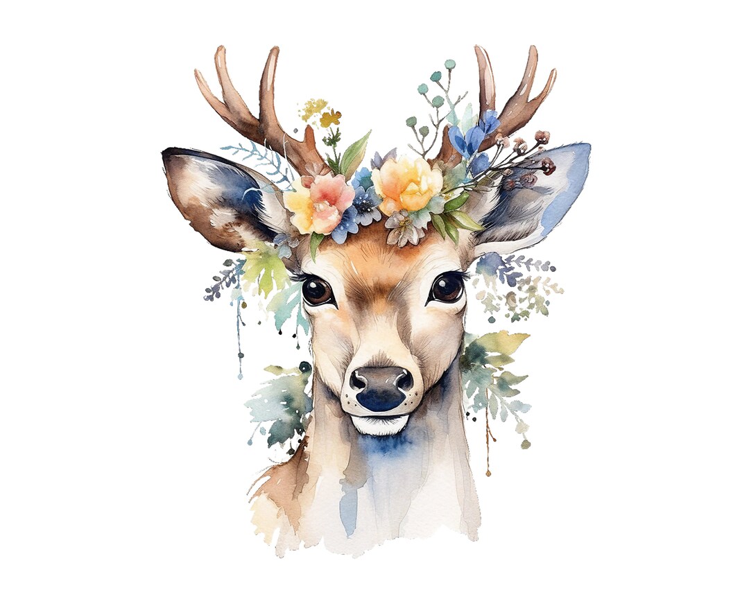 Watercolor Deer Portrait Clipart, PNG Instant Download File, Digital ...
