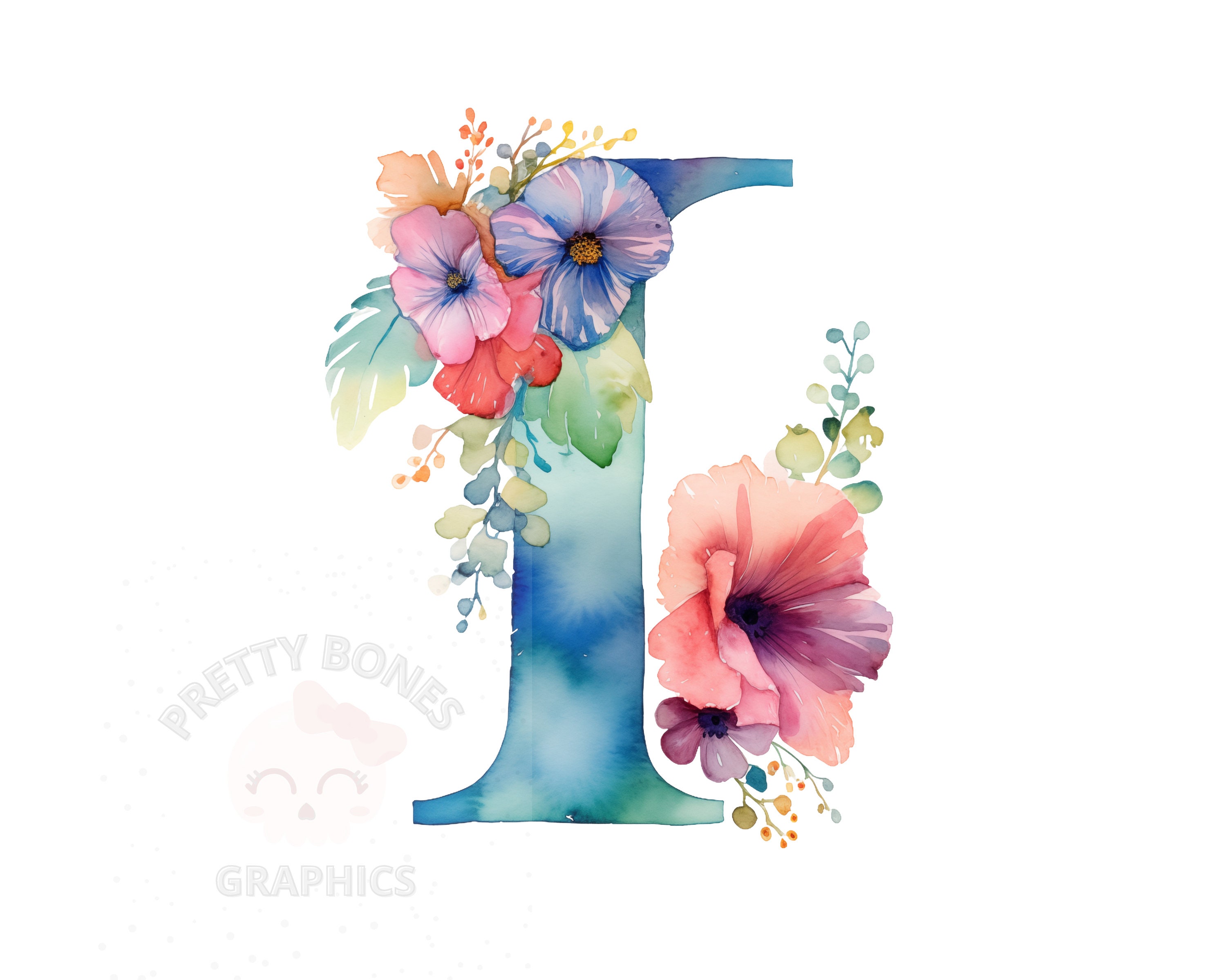 Floral Letter I Clipart, PNG Instant Download File, Digital Design for ...