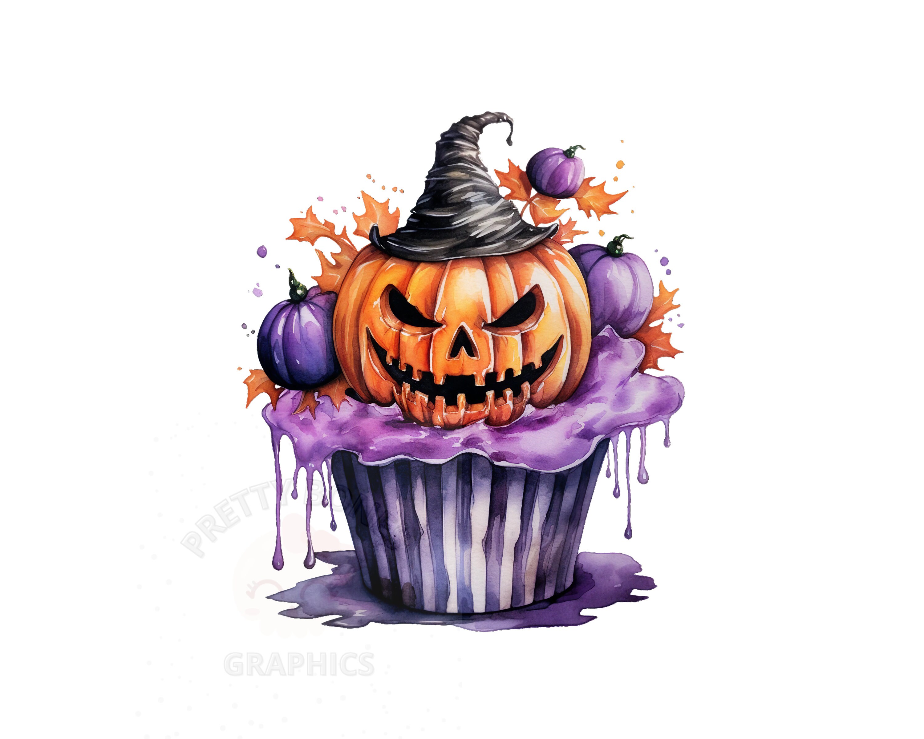 Watercolor Halloween Cupcake, PNG Instant Download, Halloween Clipart ...