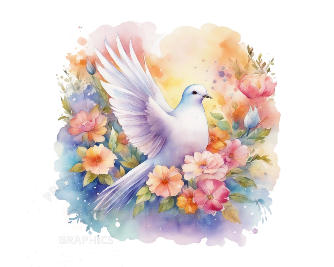 Watercolor Floral Dove Clipart, PNG Instant Download File, Dove Digital ...