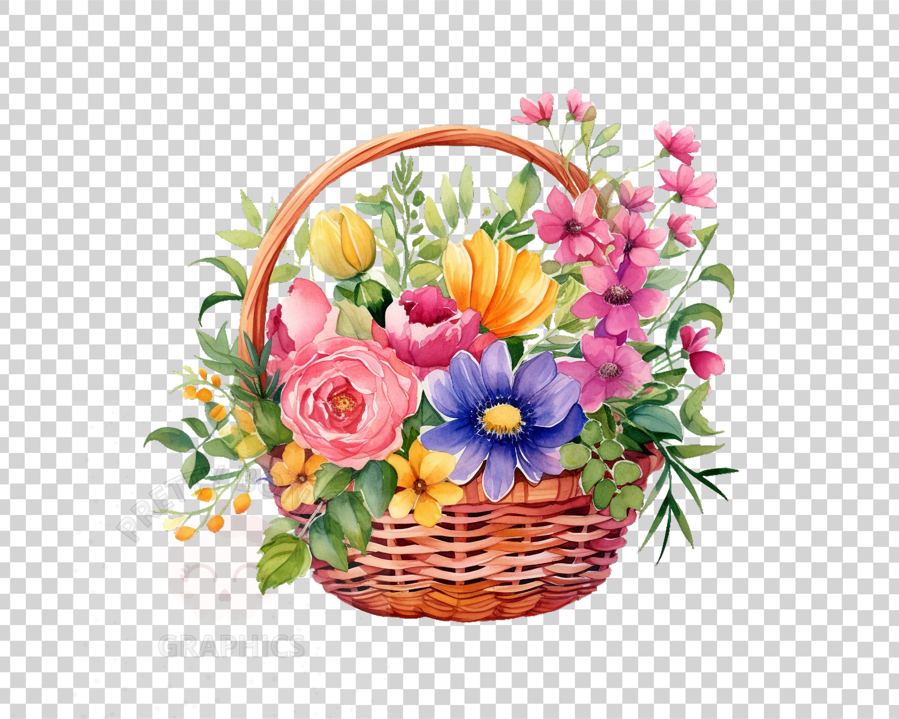Watercolor Flower Basket Clipart, PNG Instant Download File, Digital ...