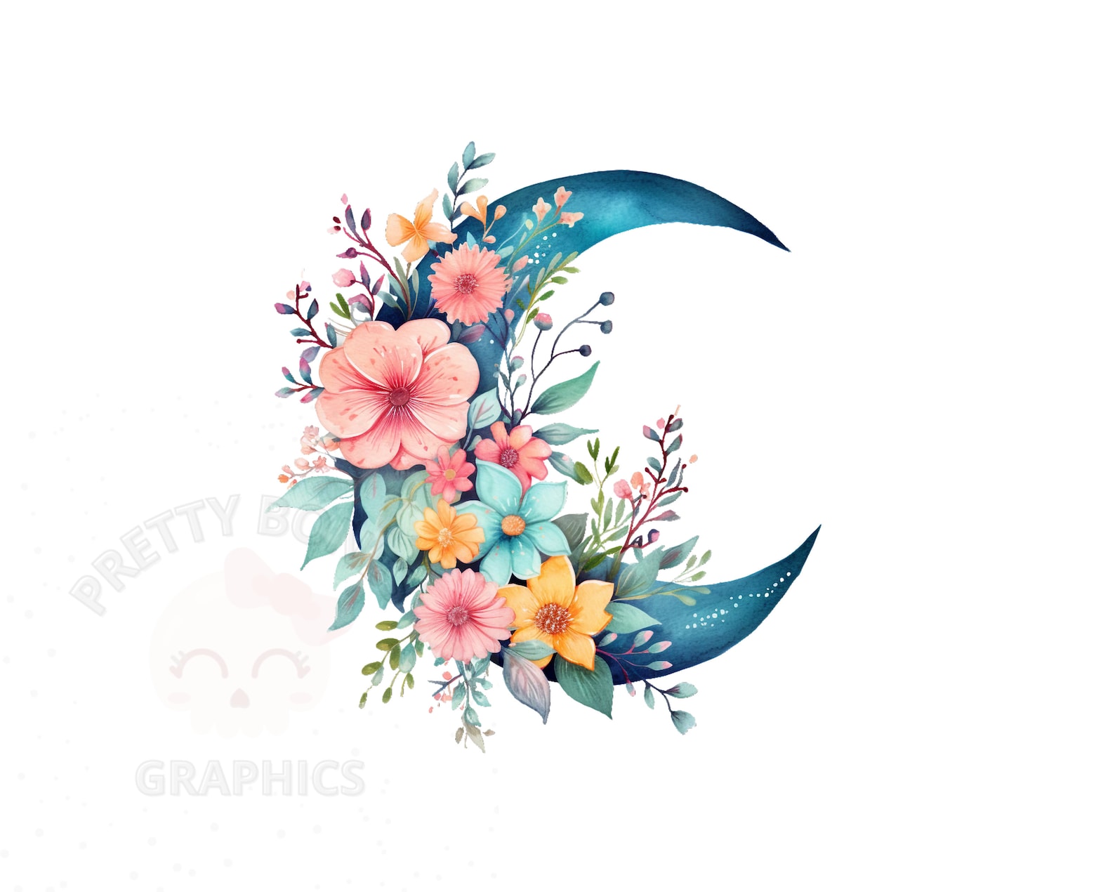 Floral Crescent Moon Clipart PNG Instant Download File Moon - Etsy UK