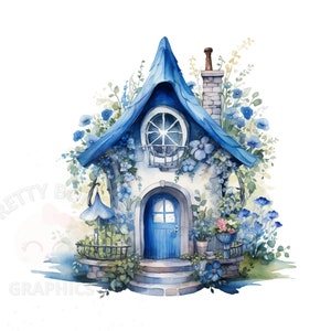 Watercolor Blue Fairy Houses Clipart Bundle, PNG Instant Download Files ...