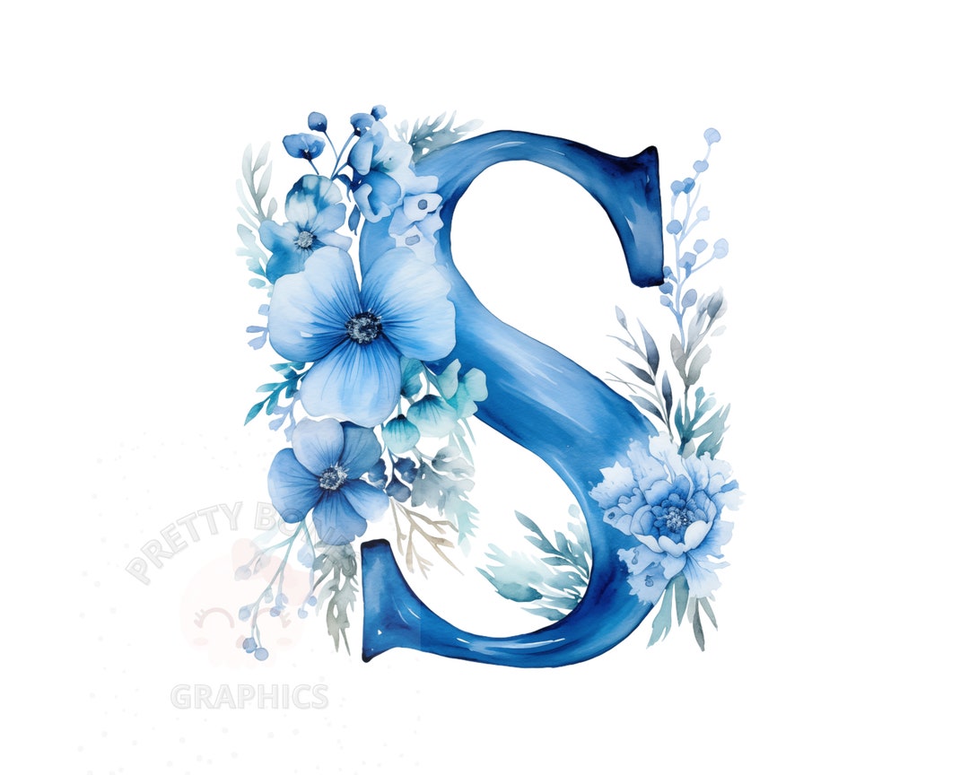 Blue Floral Alphabet Letter S Clipart, PNG Instant Download File ...