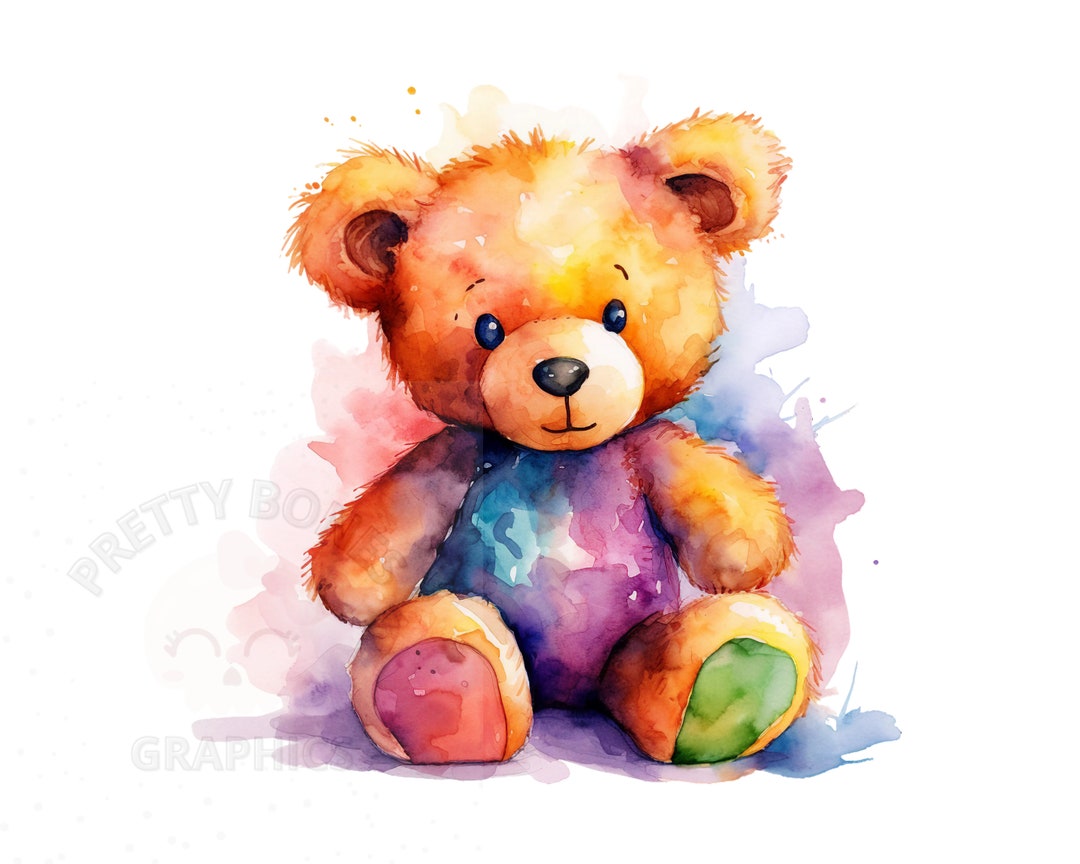 Watercolor Colorful Teddy Bear Clipart, PNG Instant Download File ...