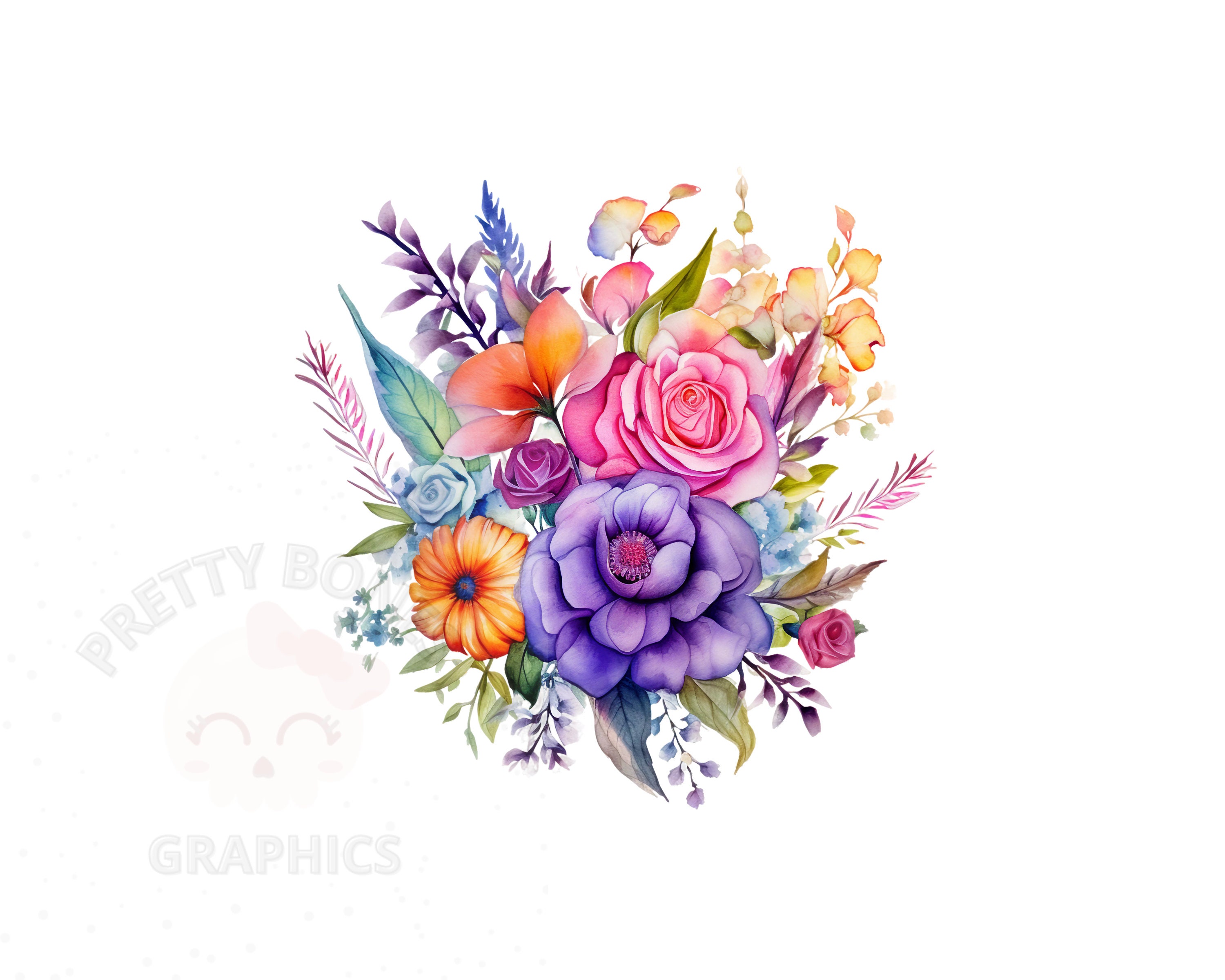 Watercolor Floral Bouquet Clipart, PNG Instant Download File, Vibrant ...