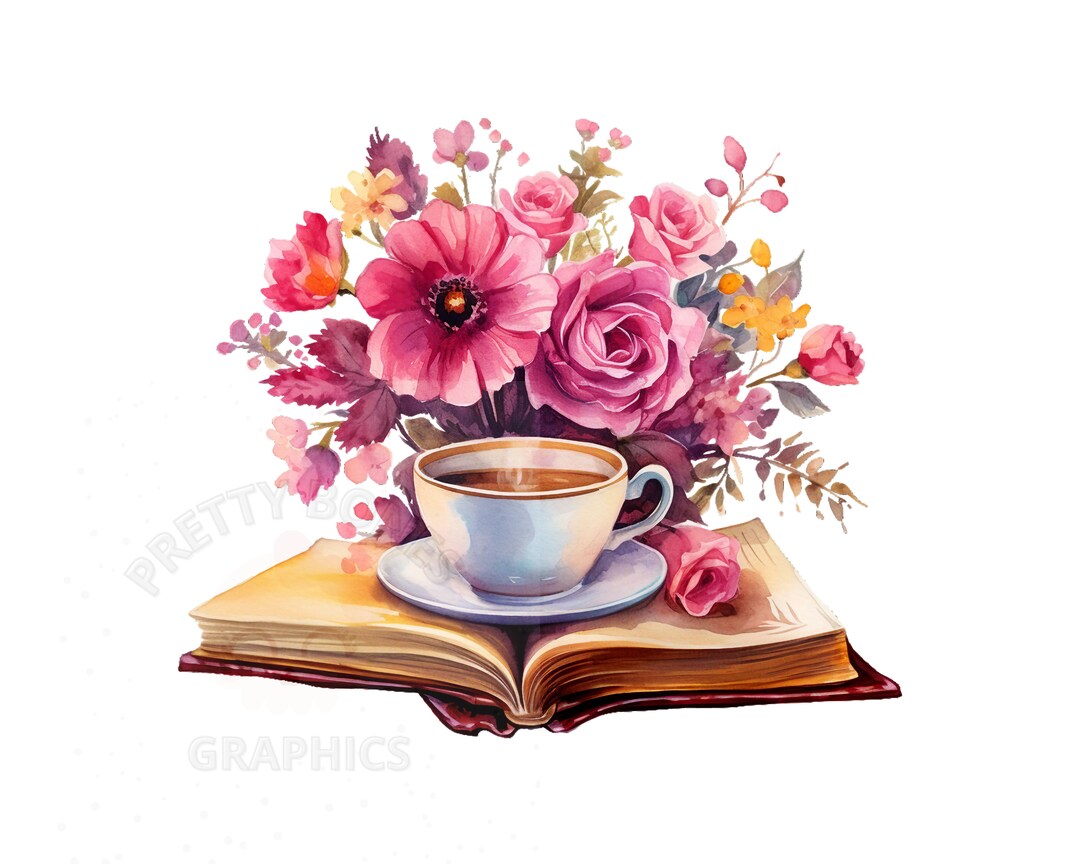 Floral Book With Coffee Clipart, PNG Instant Download File, Watercolor ...